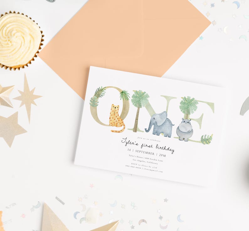 Editable Wild One Text Jungle Safari Birthday Invitation Template ...