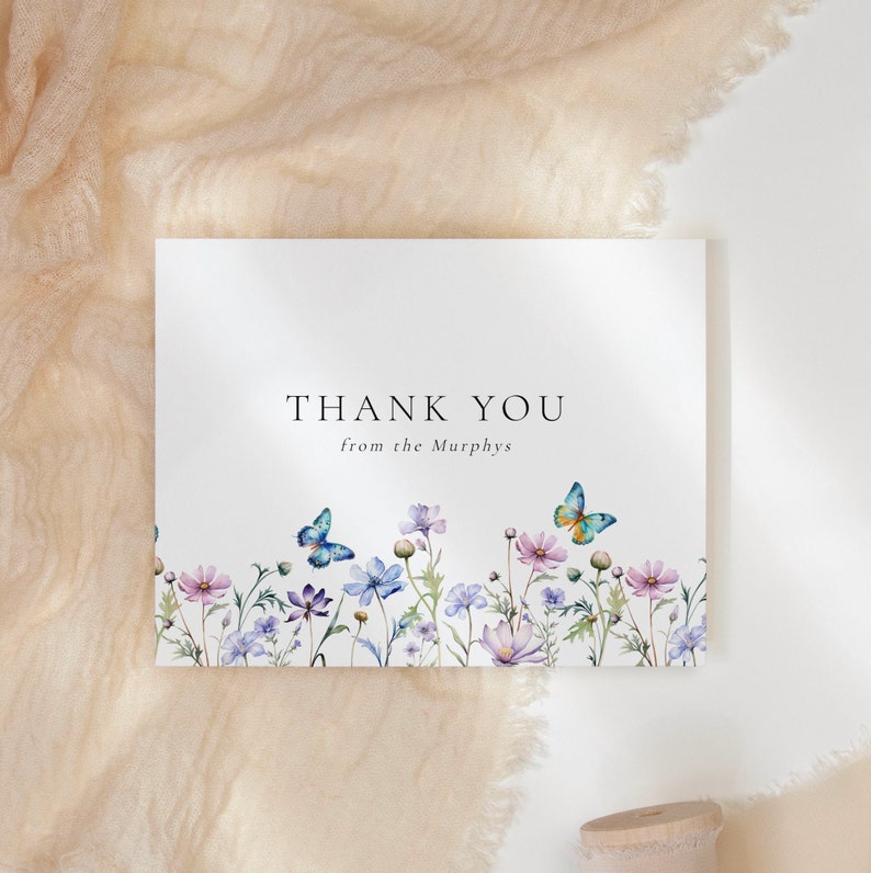 Editable Blue Butterfly Wildflowers Florals Thank You Card Template ...