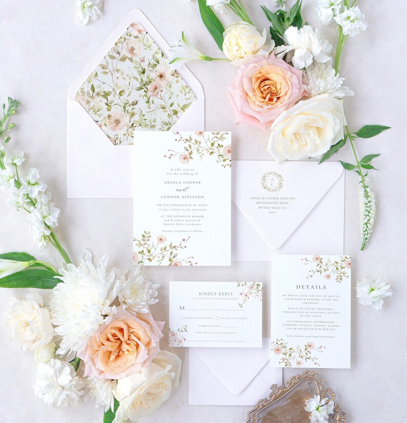 Editable Blush Garden Wedding Suite Invitation Template Monogram RSVP Card Info 3 Piece ...
