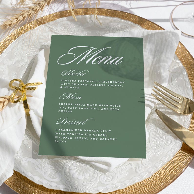 Editable Modern Forest Green Scripted Menu Bridal Shower Wedding Event ...
