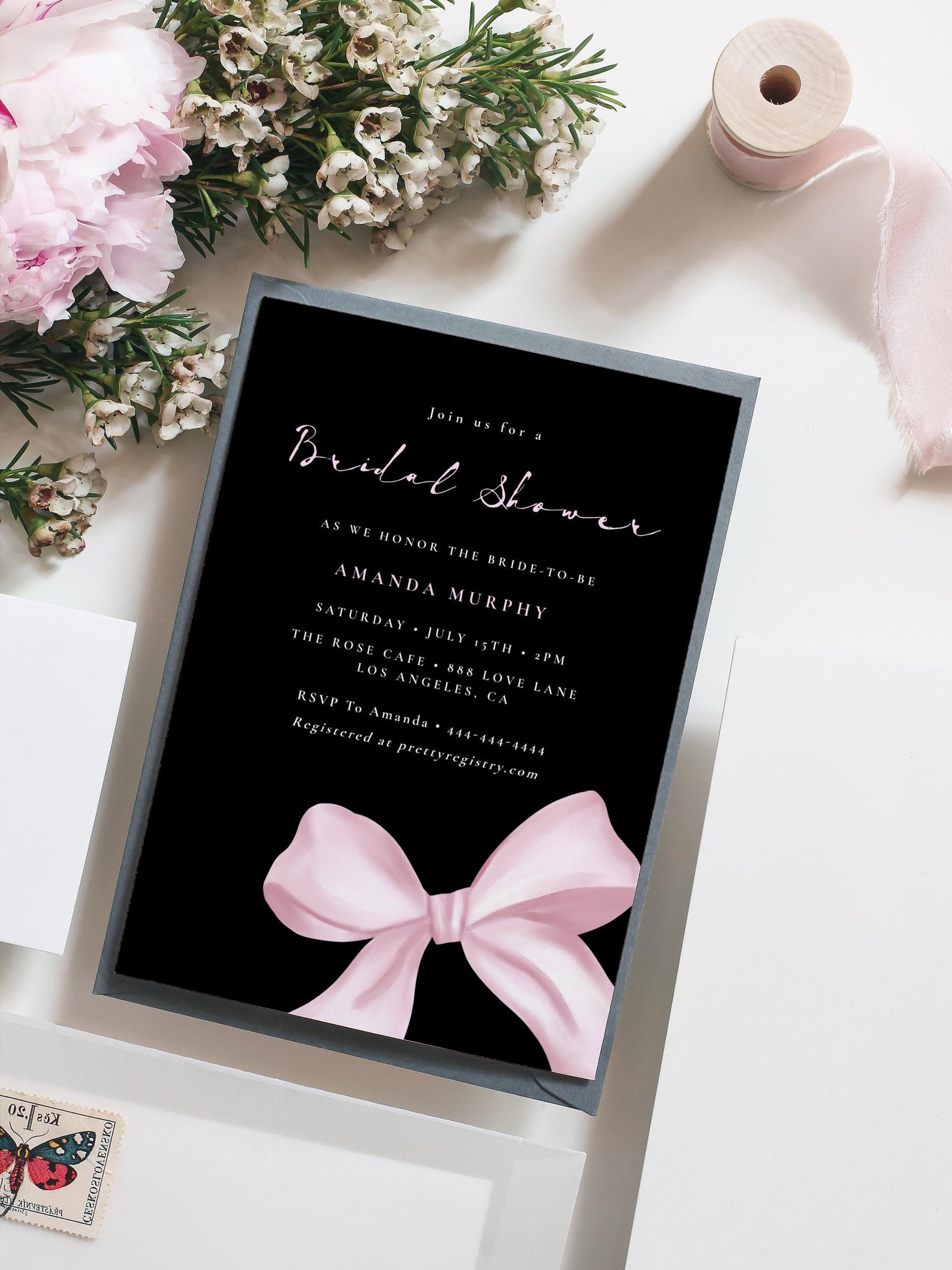 Editable Pink & Black Bow Bridal Shower Invitation Template | Cursive ...