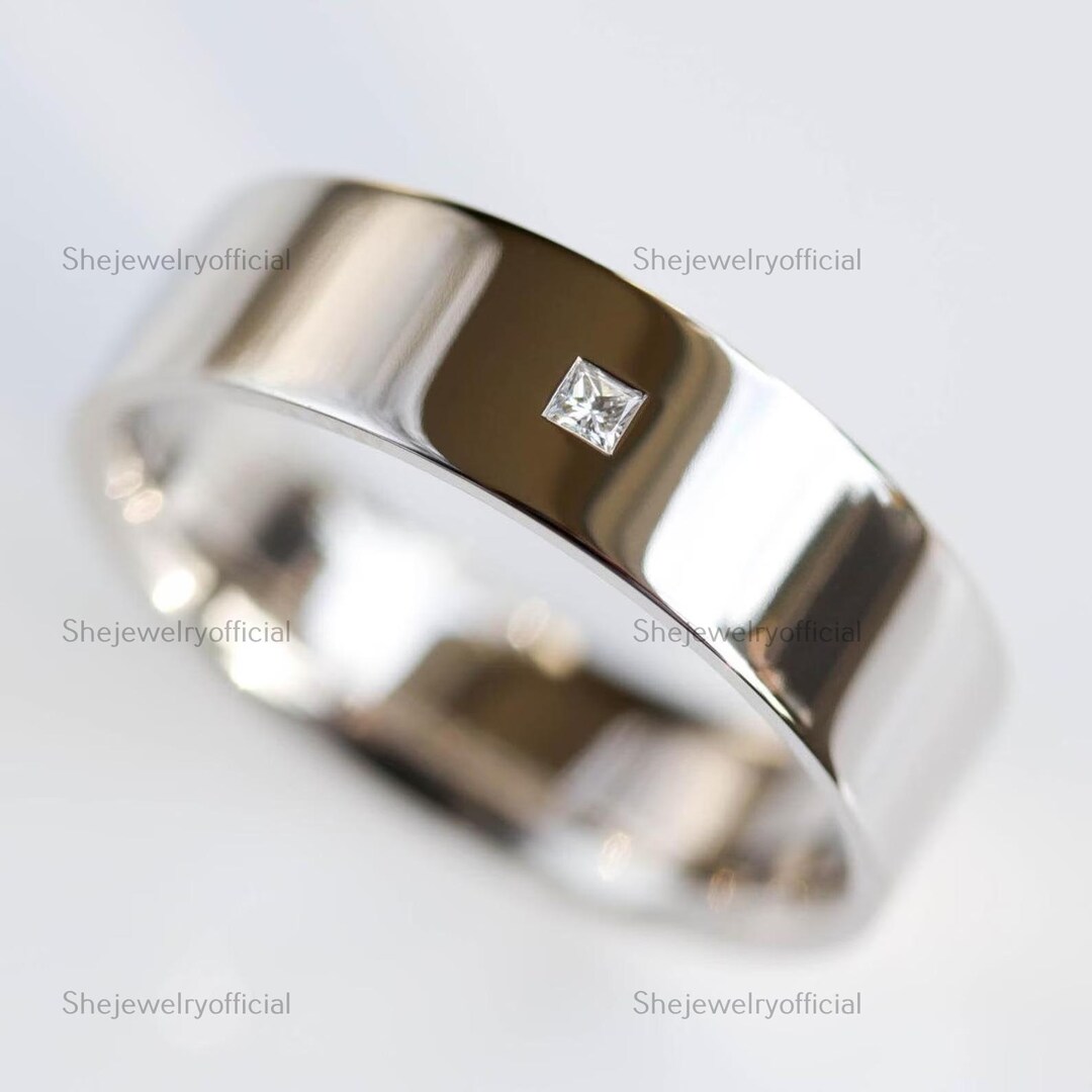 14k White Gold Wedding Band, 5mm Flat Comfort Fit, Princess Cut Diamond ...