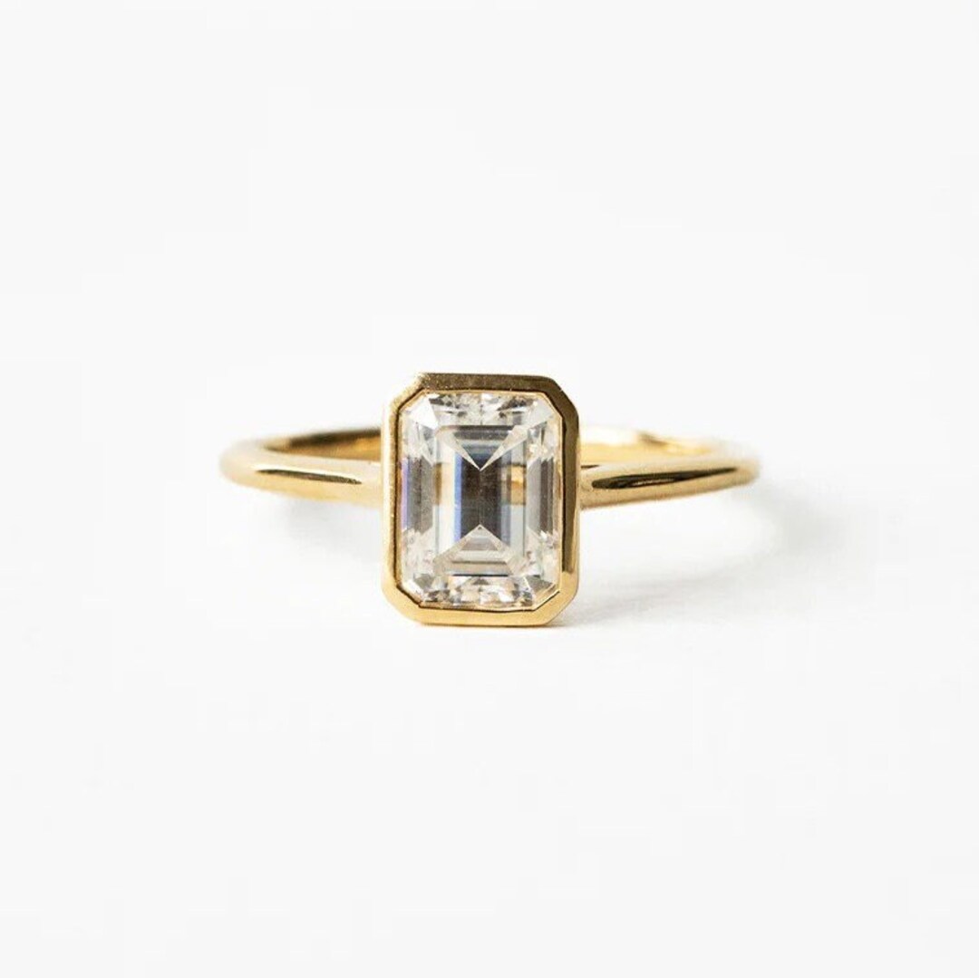 Emerald Cut Diamond Engagement Ring, 2.00 CT Bezel Set in 14K Solid ...