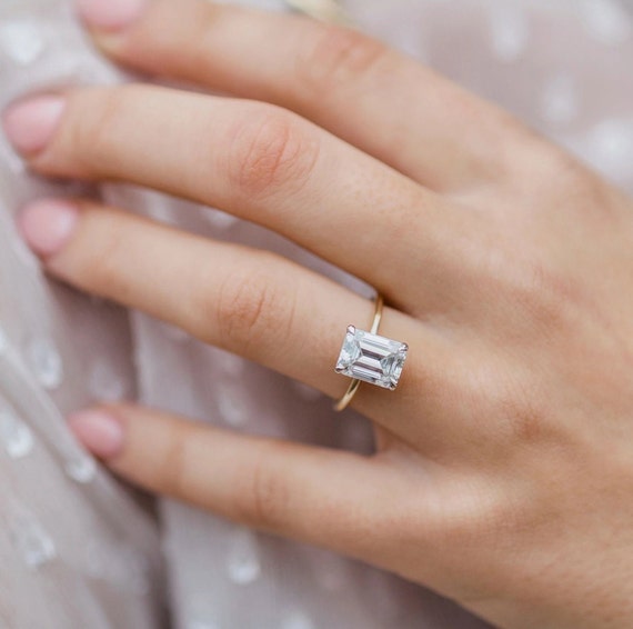 Emerald Cut Moissanite Diamond Ring Gold Vintage Engagement Etsy