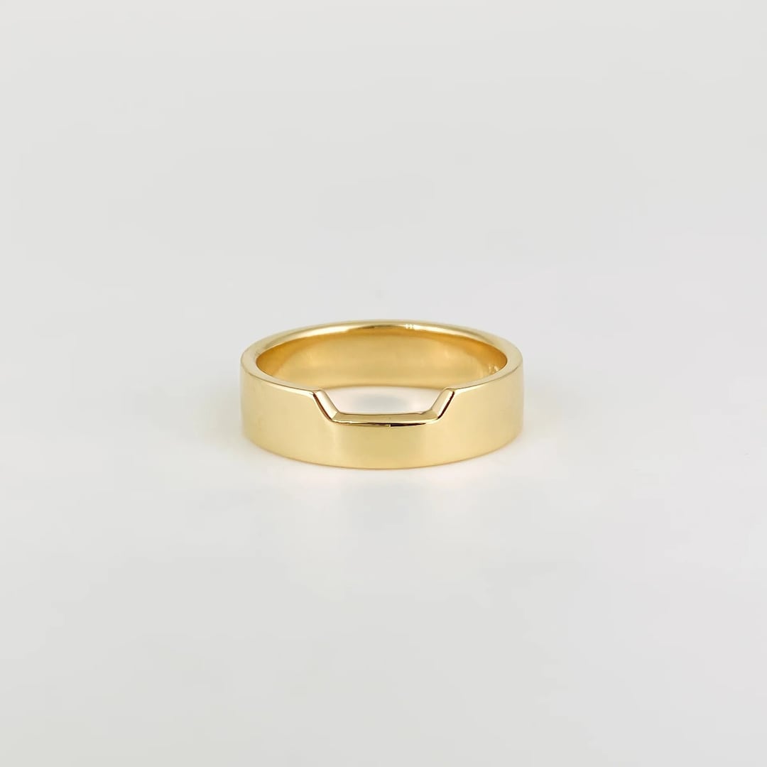 14K Gold Cigar Band Ring, Wide Flat Contour Band Unique 5mm Wide Cut ...