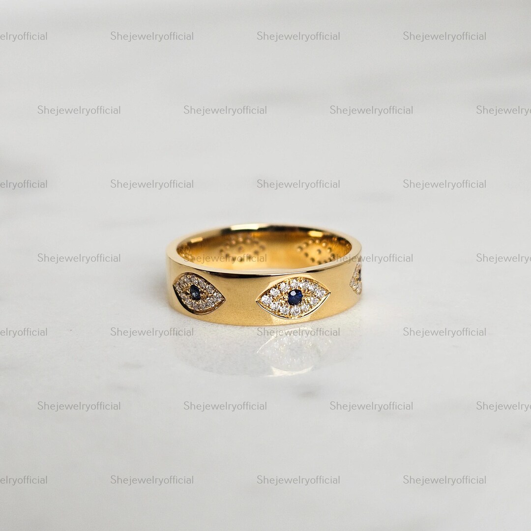 Unique Sapphire Evil Eye Wedding Band Yellow Gold Moissanite Diamond ...