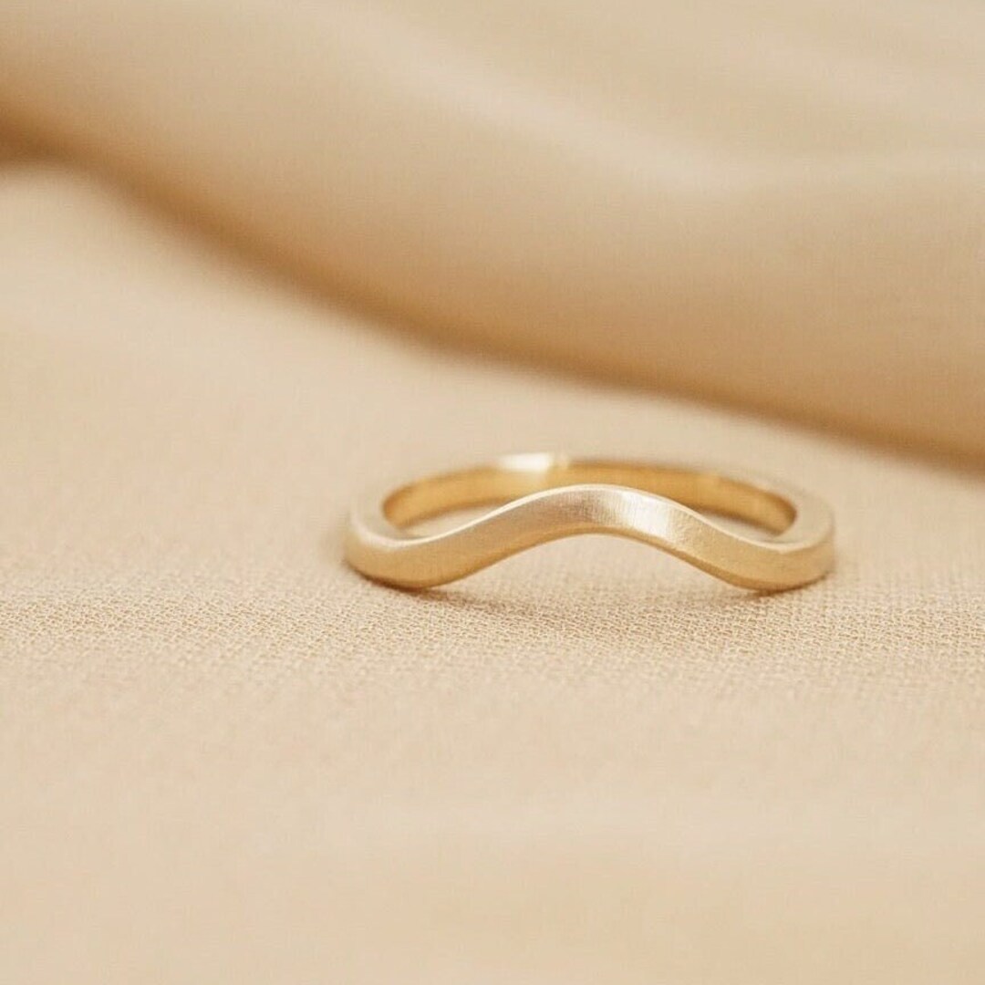 14k Solid Gold Plain Stacking Ring, Simple Curved Wedding Band, Women's Contoured Shape Basic ...