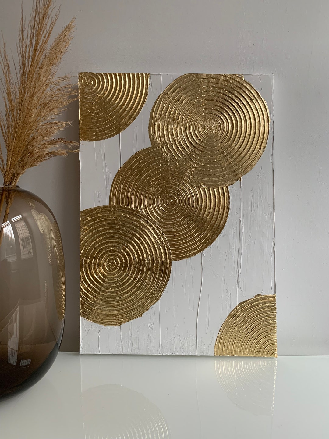 White Textured Gold Wall Art, Arch Textured Abstract Plaster Painting ...