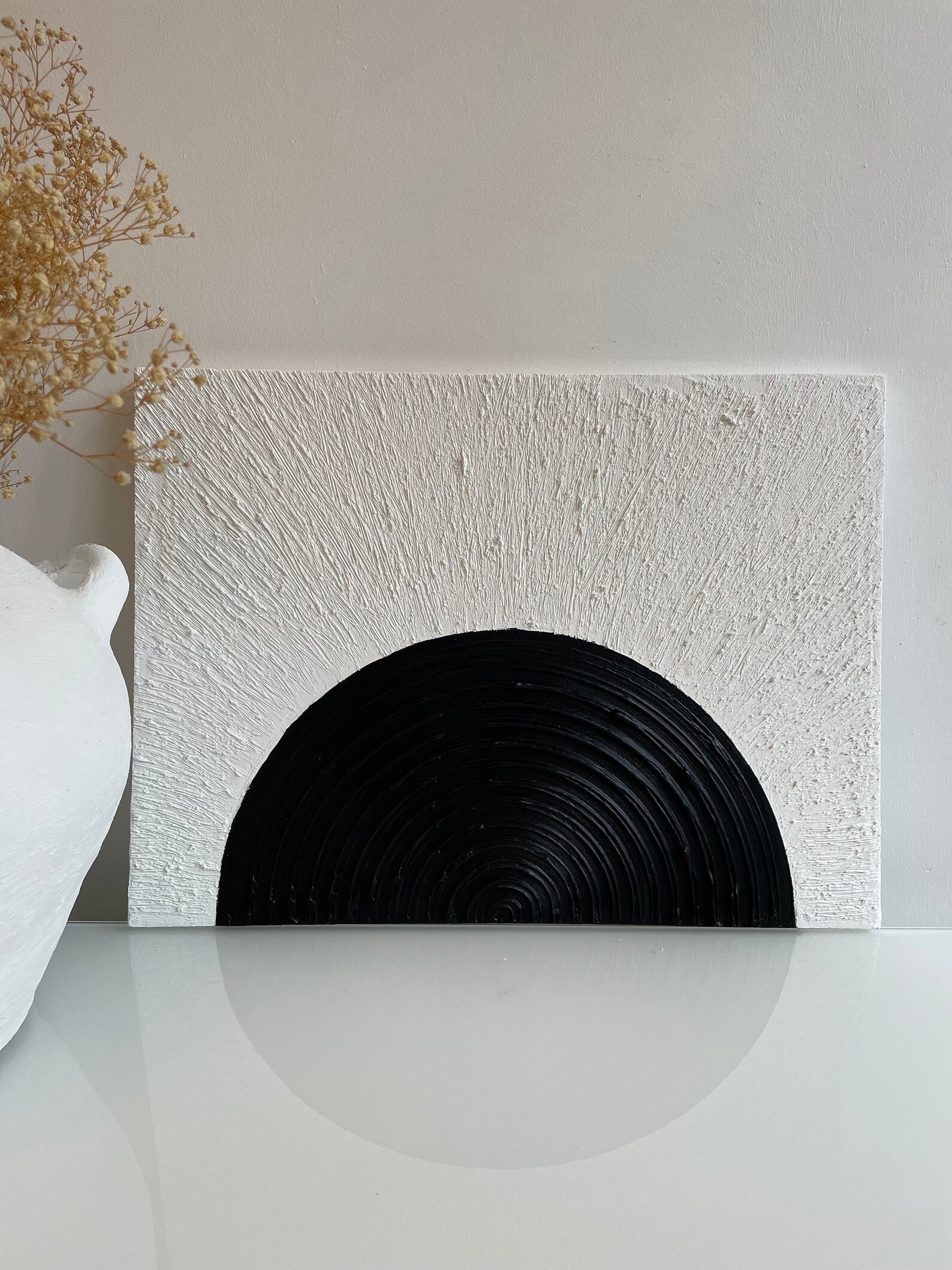 Black Sun Textured Abstract Wall Art, Arch Plaster Painting, Minimalist ...