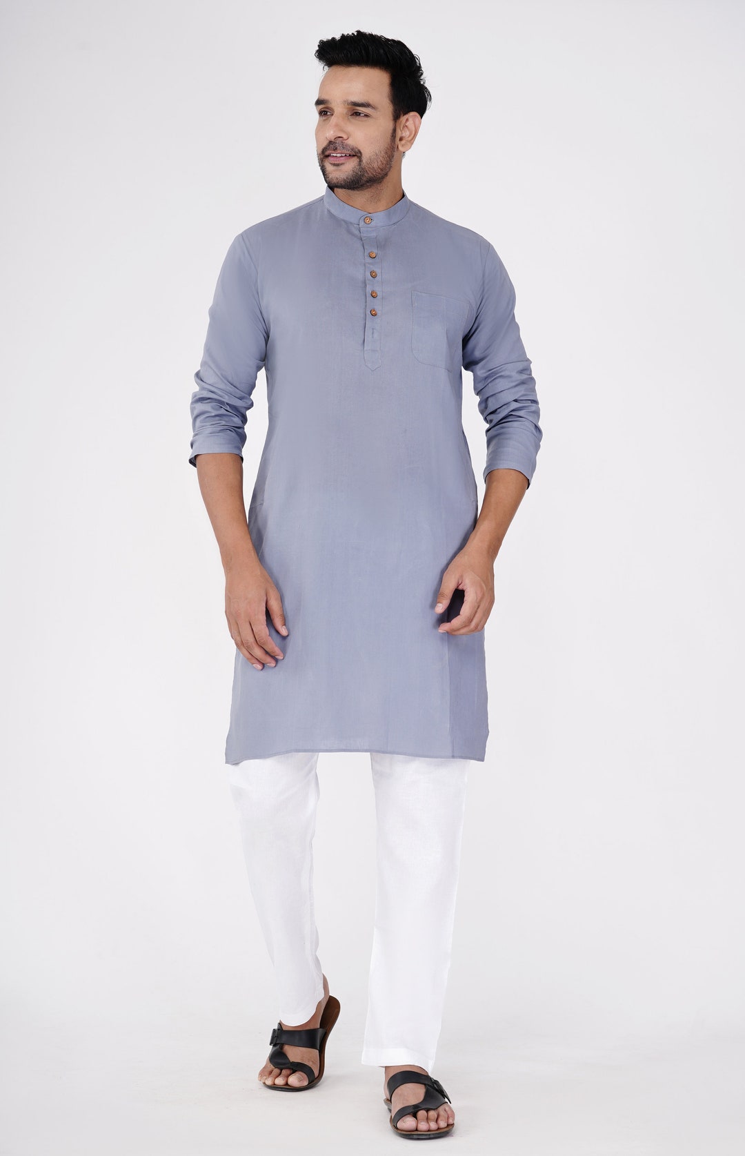 Indian Men's Kurta 100% Cotton Grey Color Kurta Solid. Partywear Kurta ...