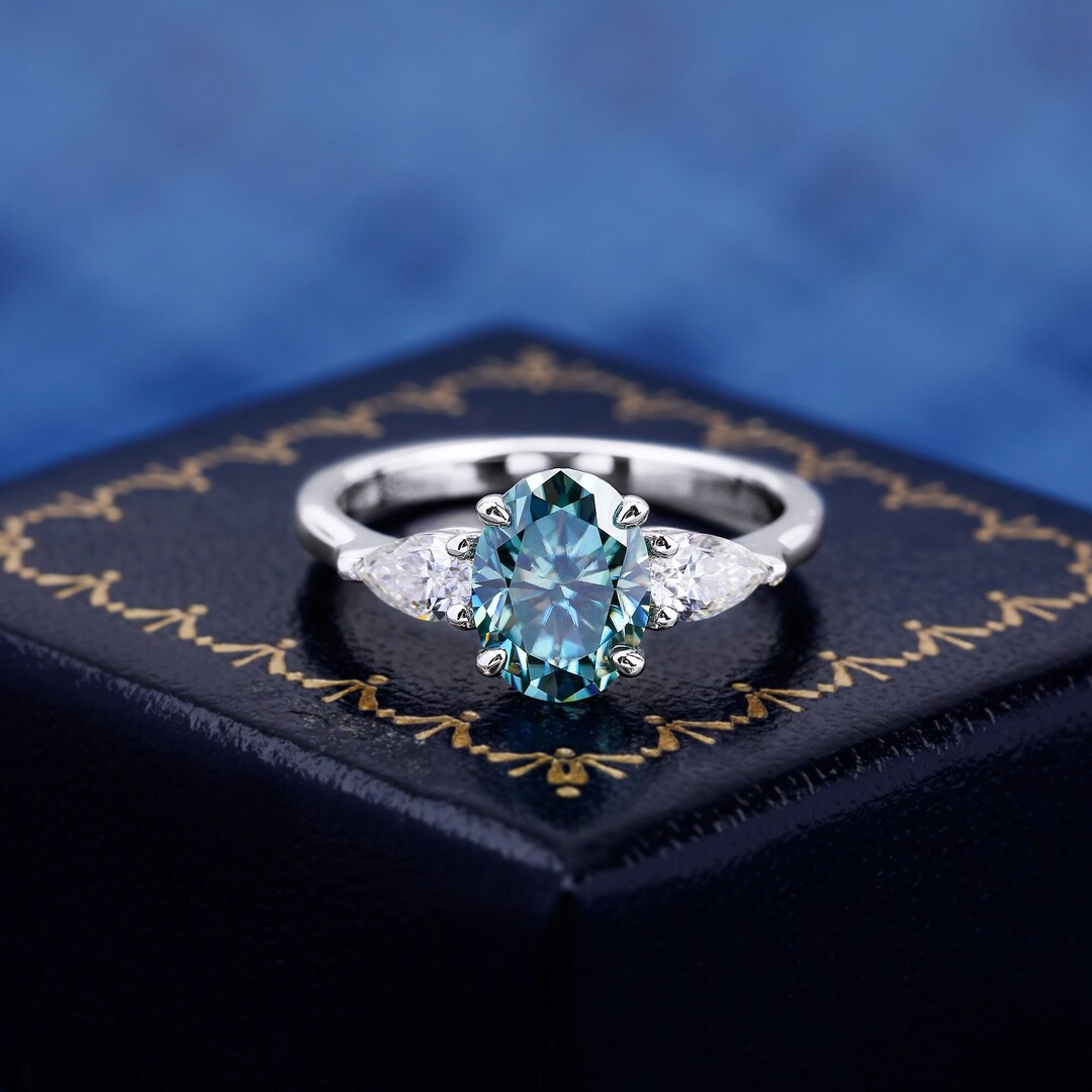 Cyan Blue Moissanite Oval Cut 925 Sterling Silver Ring for Women ...