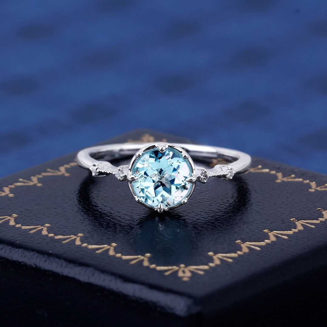 Round Cut Natural Aquamarine K Solid Gold Ring for Women Engagement ...