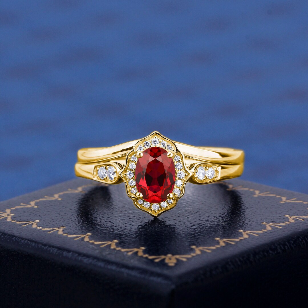 Engagement Ring Wedding Band S925 Yellow Gold Plated Oval Cut Lab Created Ruby Ring Set for ...
