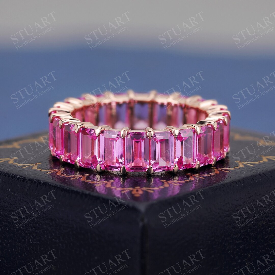 Lab Created Pink Sapphire Eternity Band for Women Emerald Cut Gemstone ...
