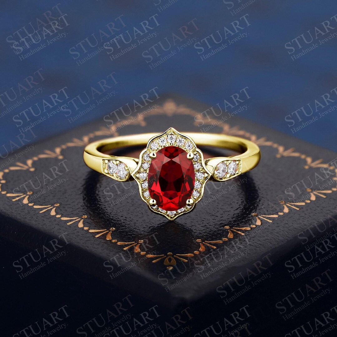 Proposal Engagement Ring 18K Yellow Gold Oval Cut Ruby Ring for Women ...