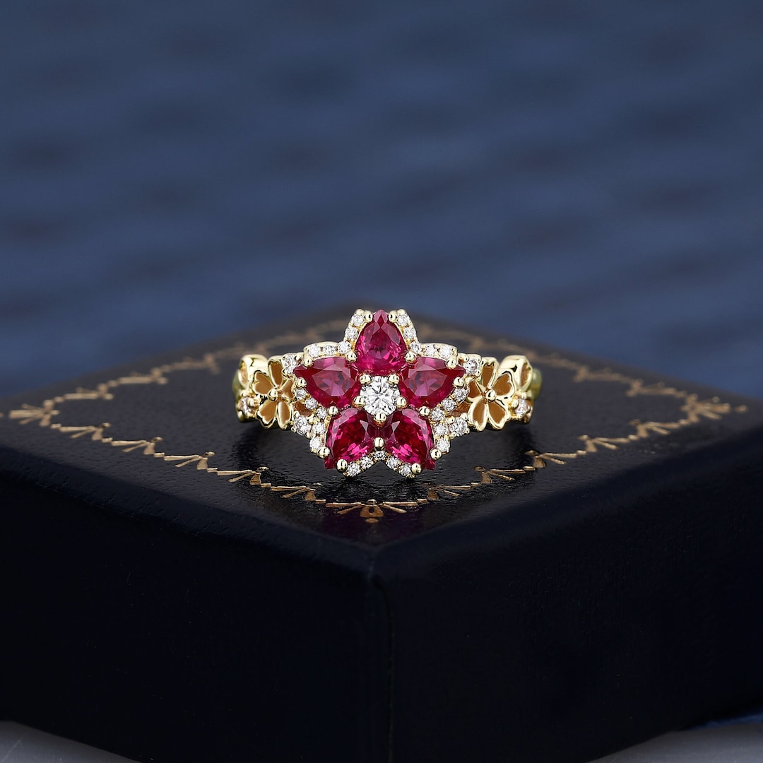 Flower Ring Teardrop Cut Natural Ruby K Solid Gold Ring for Women ...