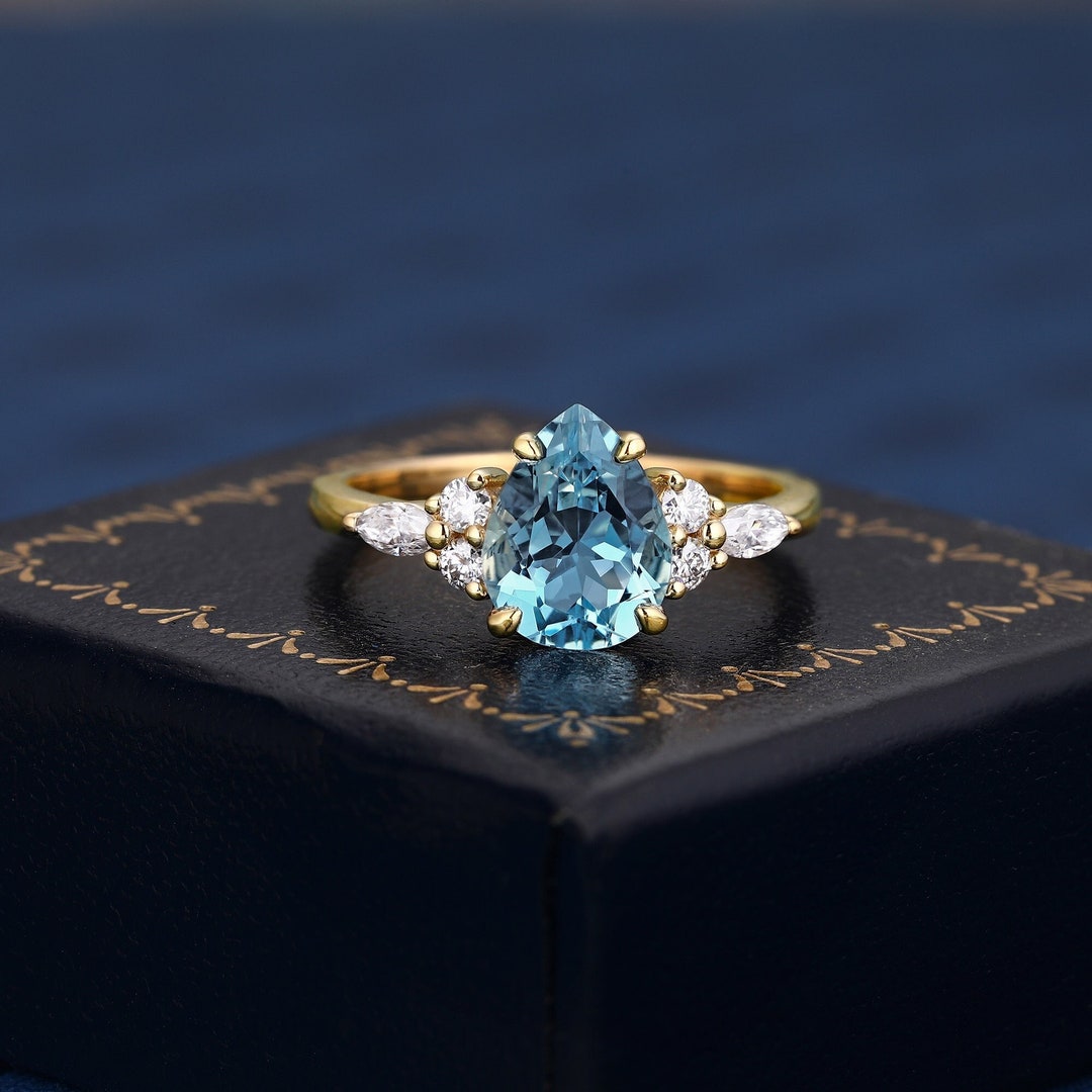 Teardrop Cut Natural Aquamarine K Solid Gold Ring for Engagement ...
