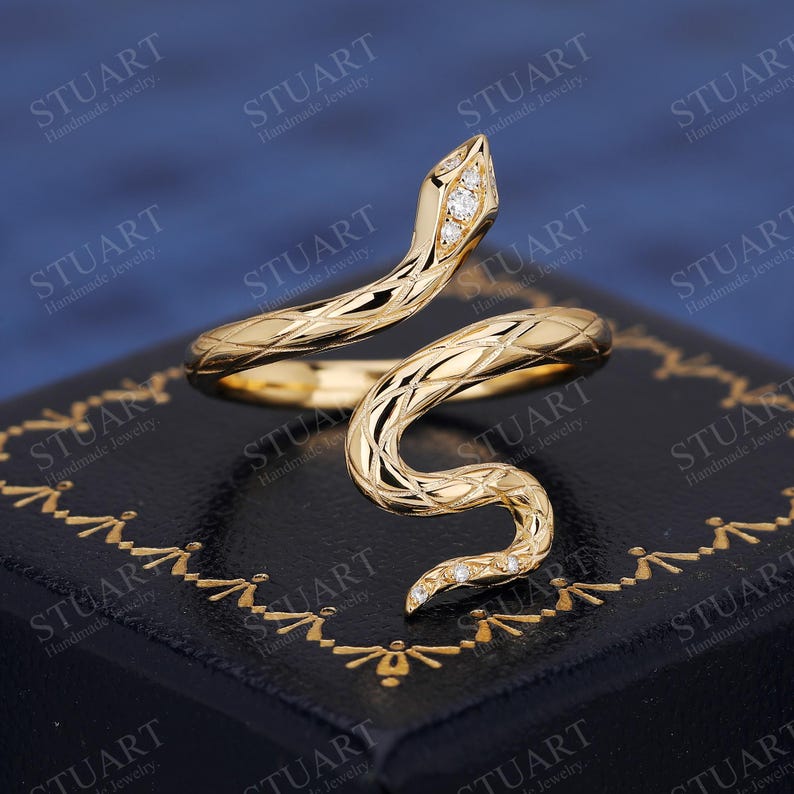 Natural Diamond Gold Snake Ring 18K Yellow Gold Ring Adjustable Ring ...
