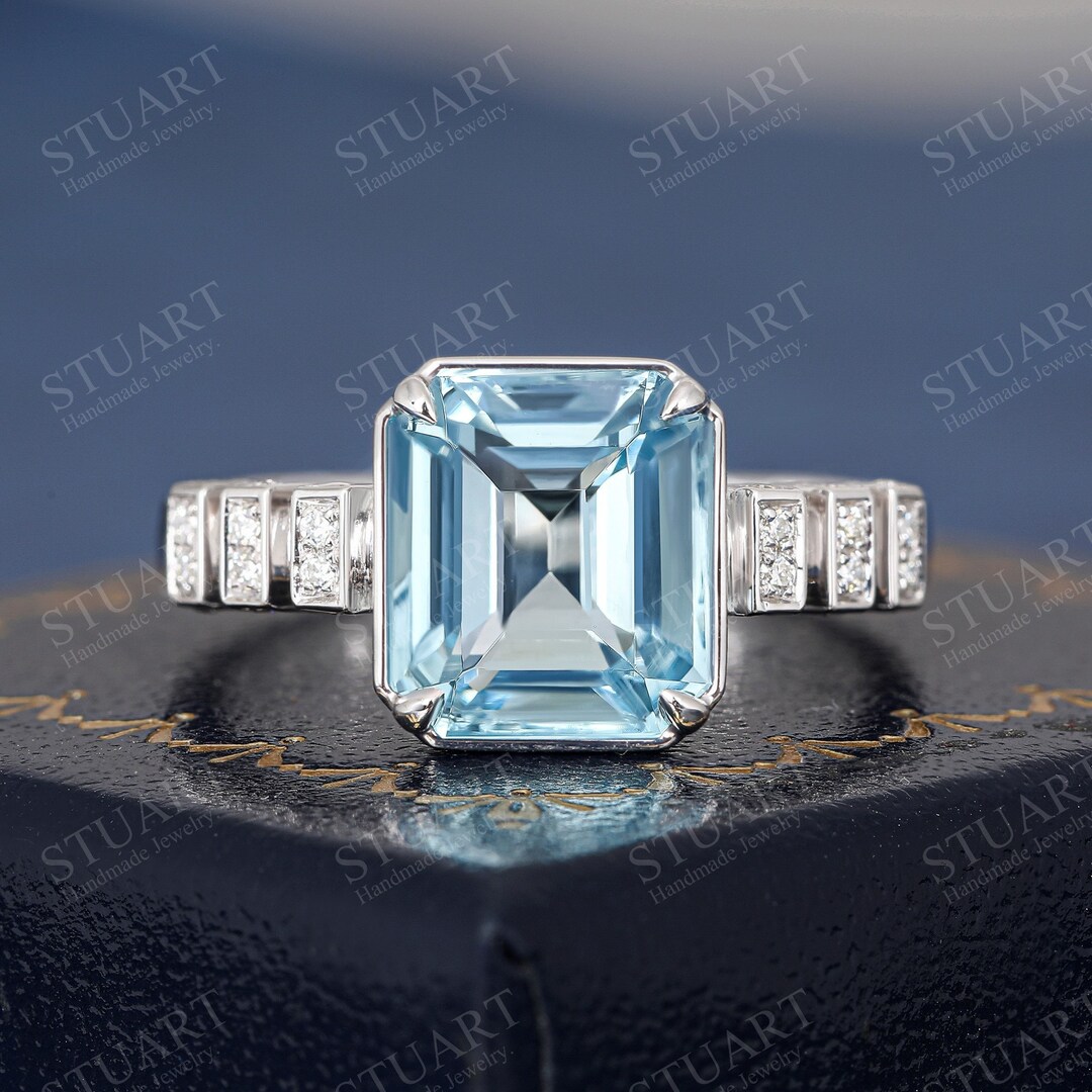 2.95CT Emerald Cut Natural Aquamarine K Solid Gold Ring for Her ...