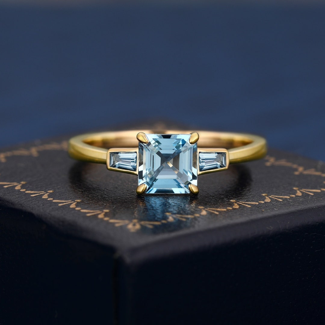 Asscher Cut Natural Aquamarine K Solid Gold Ring Three Stone Ring ...