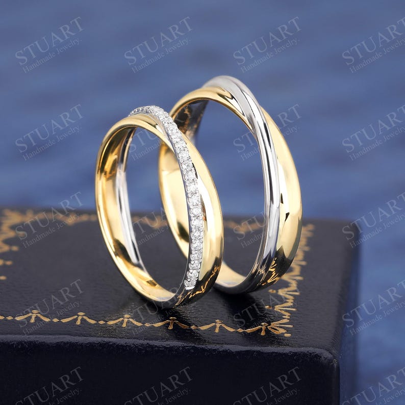 Couples Diamond Bands 18K Two-tone Gold Wedding Band Engagement for ...