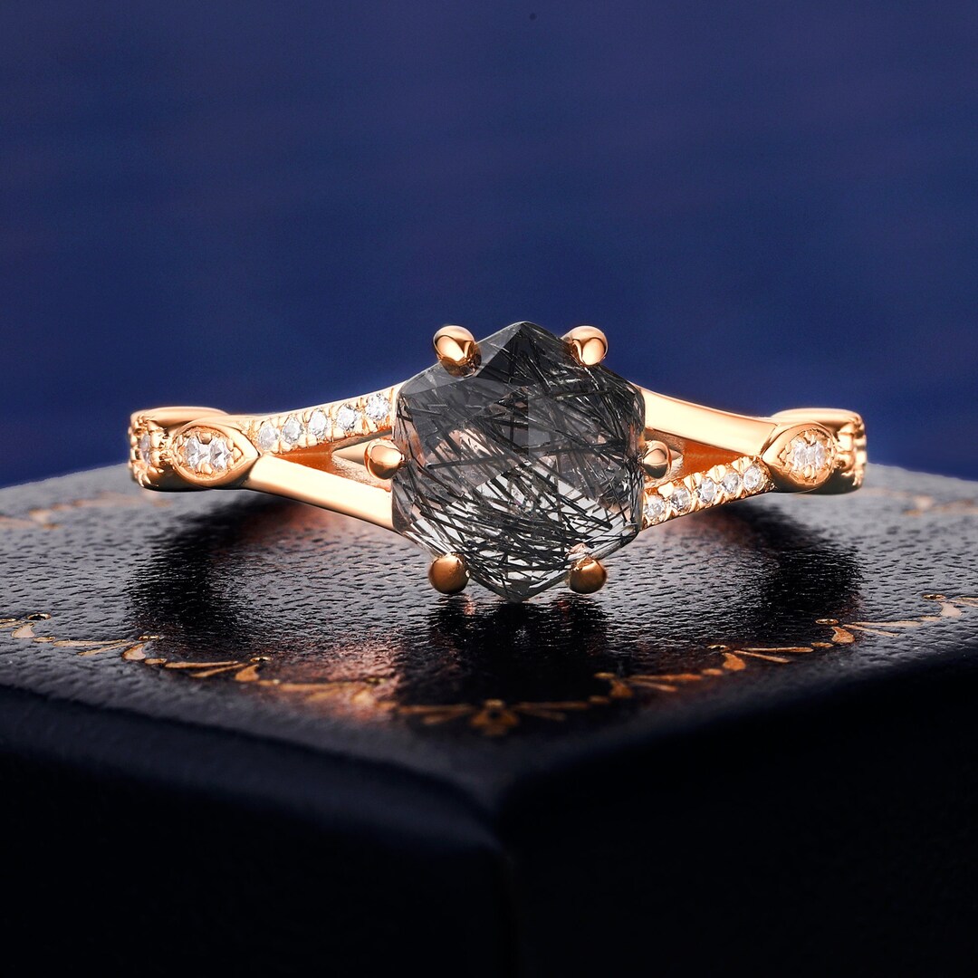 K Solid Gold Hexagon Cut Natural Black Rutilated Quartz Ring for Women ...