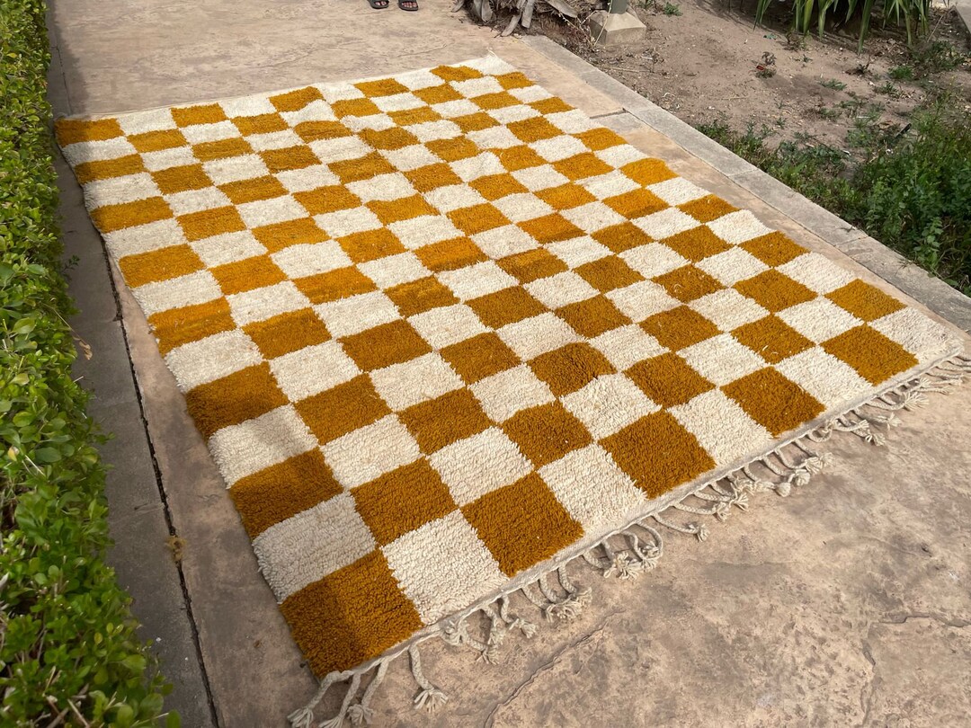 Yellow and White Checkered Marocain Rig, Checkered Wool Rug, - Etsy