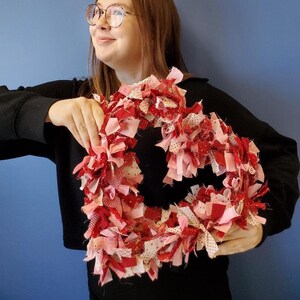 Red and Pink Heart Scrap Wreath, Valentine Rag Wreath, Fabric Wreath ...