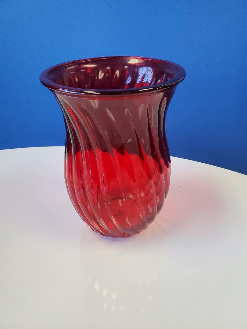 Vintage Red Vase With a Curve Pattern, Vase for Flowers, Ruby Red ...