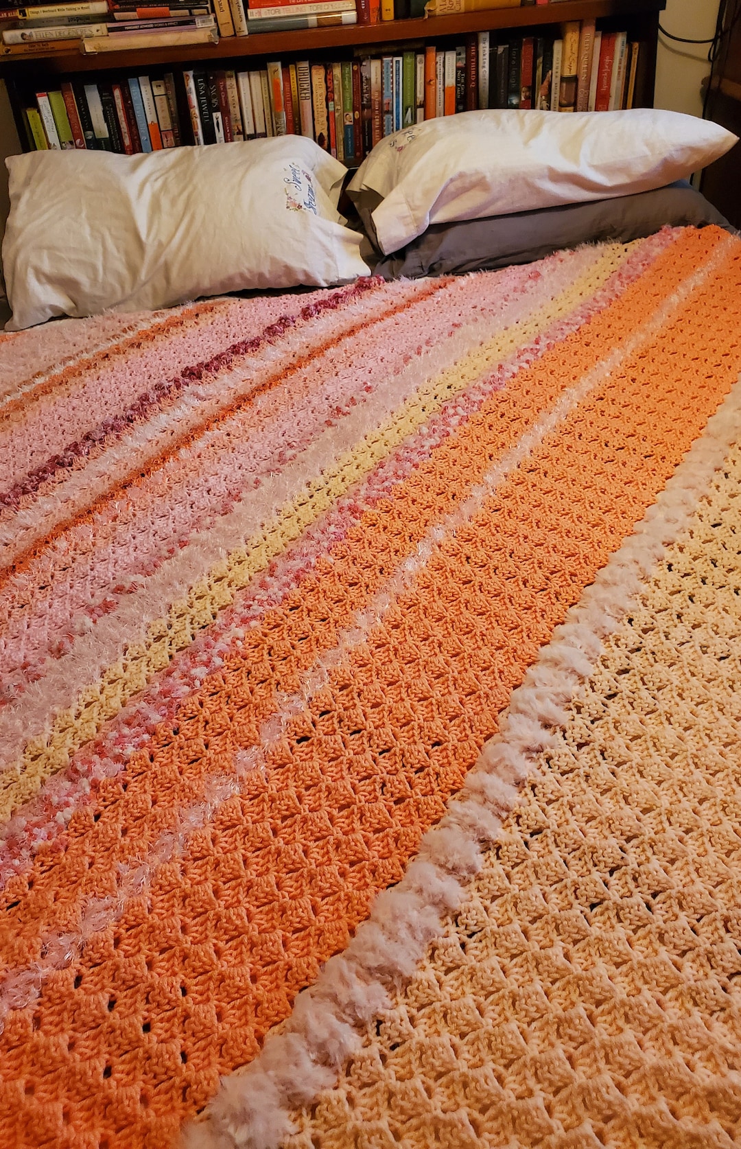 Pink and Peach Afghan, Fuzzy Crocheted Afghan, Handmade Blanket, Pink ...