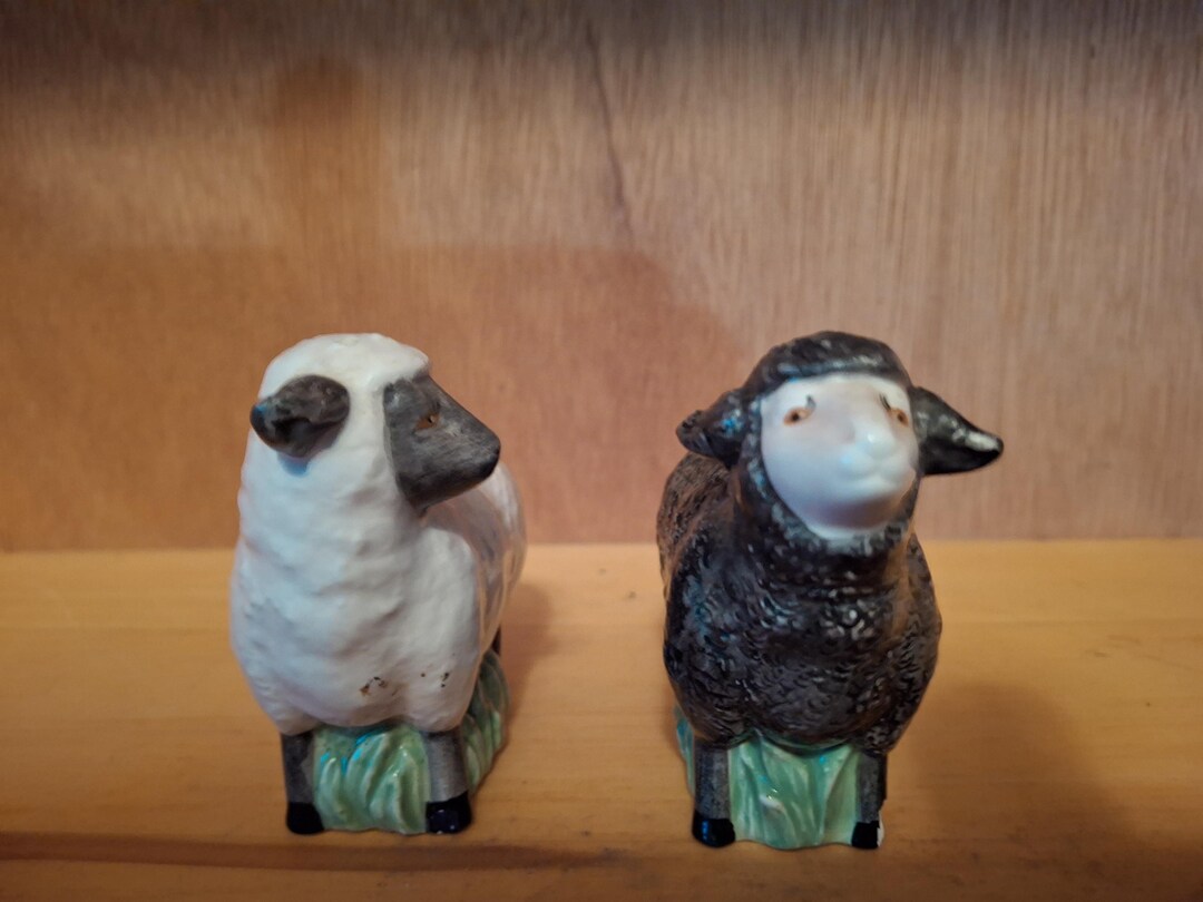 Vintage, Ceramic, J. Wilfred Sadek Black and White Sheep Salt and ...