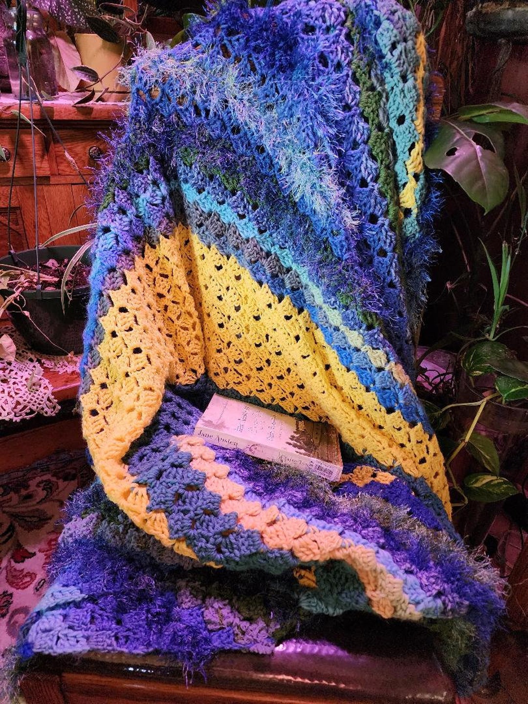 Blue, Green, and Yellow Afghan, Fuzzy Crocheted Afghan, Handmade ...