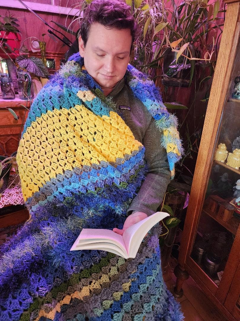 Blue, Green, and Yellow Afghan, Fuzzy Crocheted Afghan, Handmade ...