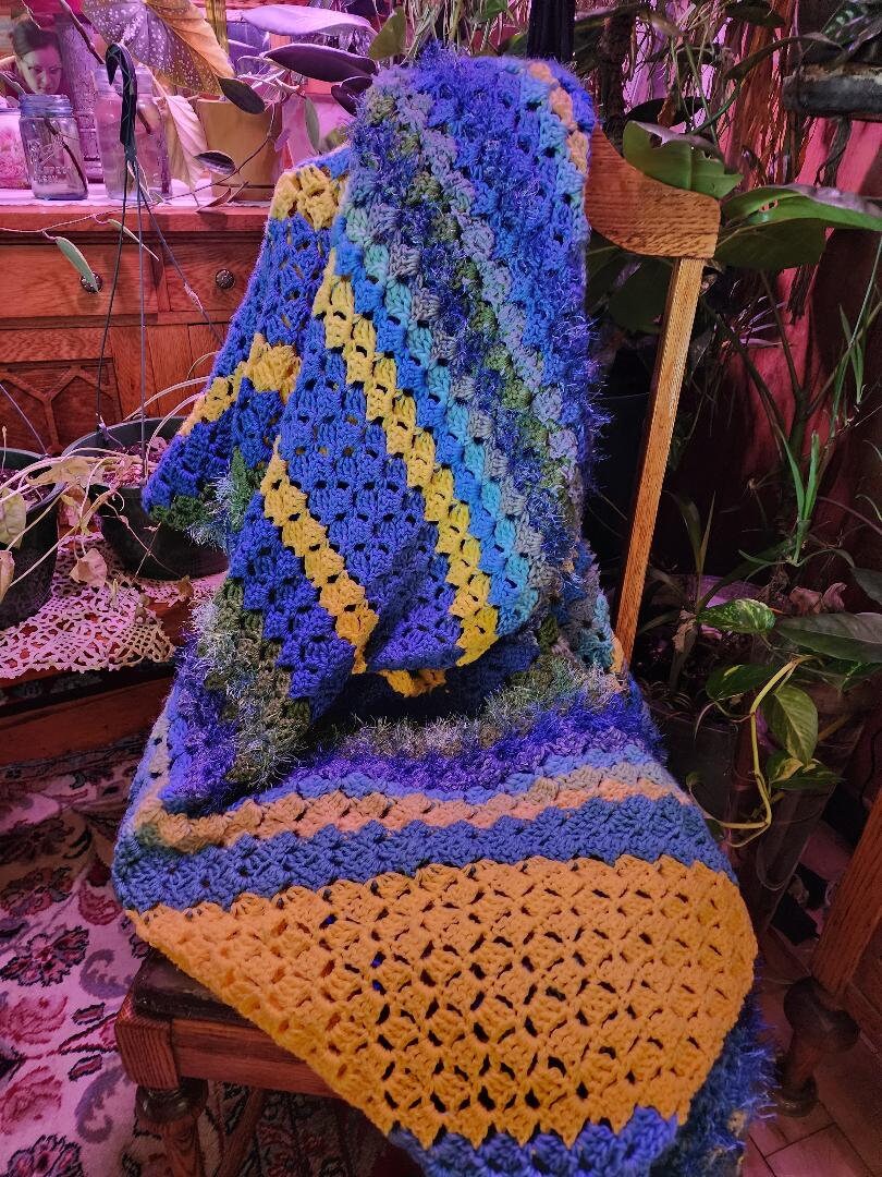 Blue, Green, and Yellow Afghan, Fuzzy Crocheted Afghan, Handmade ...
