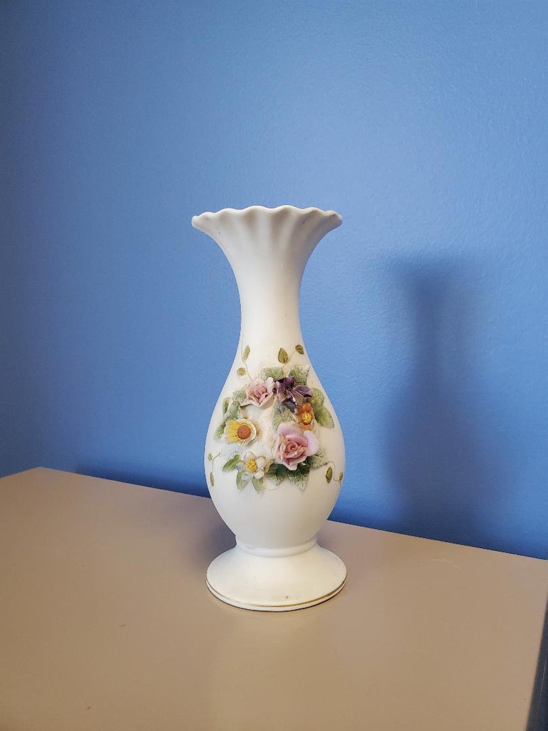 Lefton China Hand-painted White Bud Vase With Flowers, Vintage Lefton ...