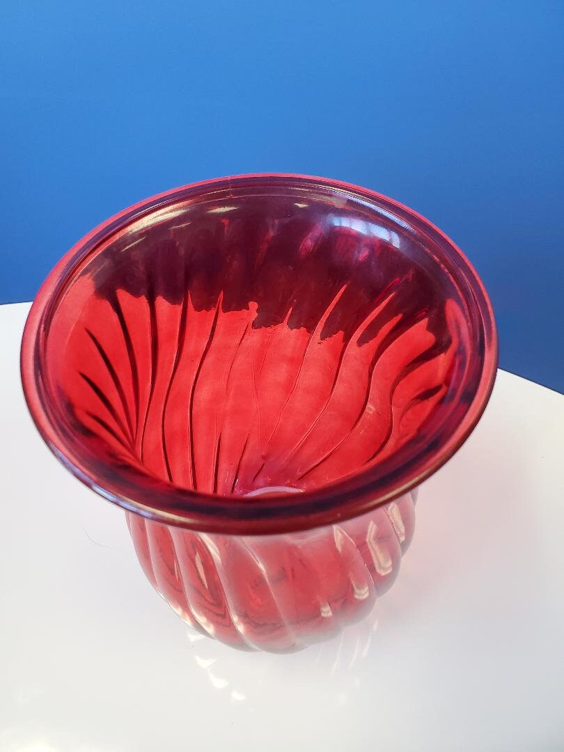 Vintage Red Vase With a Curve Pattern, Vase for Flowers, Ruby Red ...