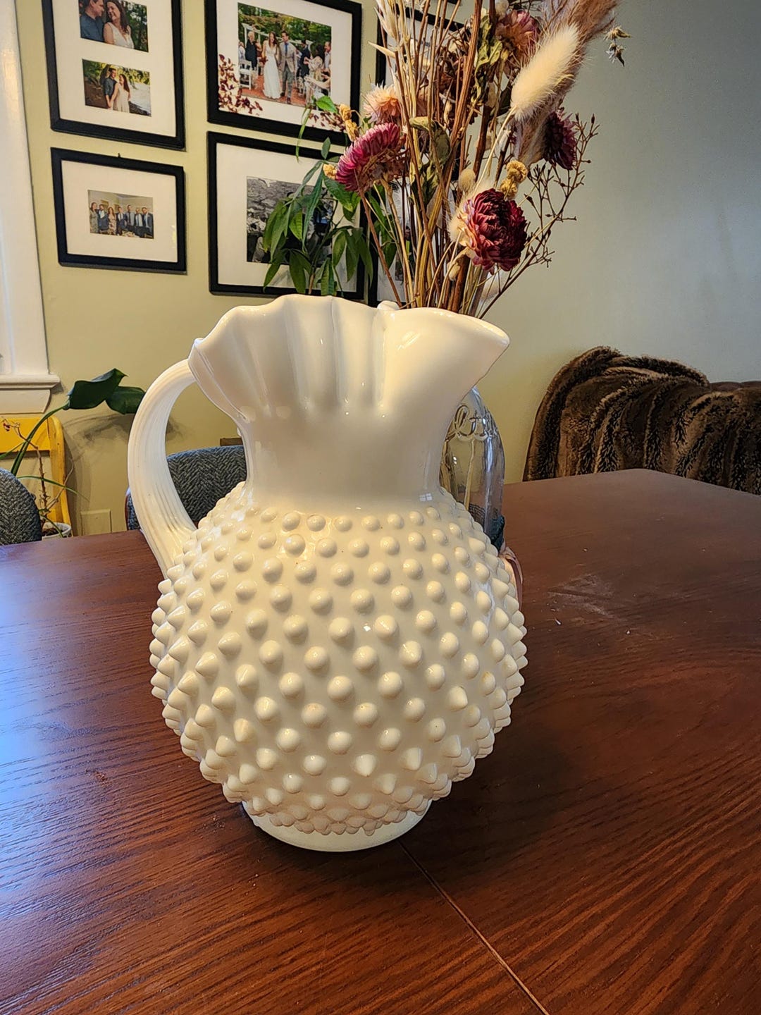 Vintage Milk Glass Pitcher With Hobnail Pattern and Ruffled Rim, Fenton ...