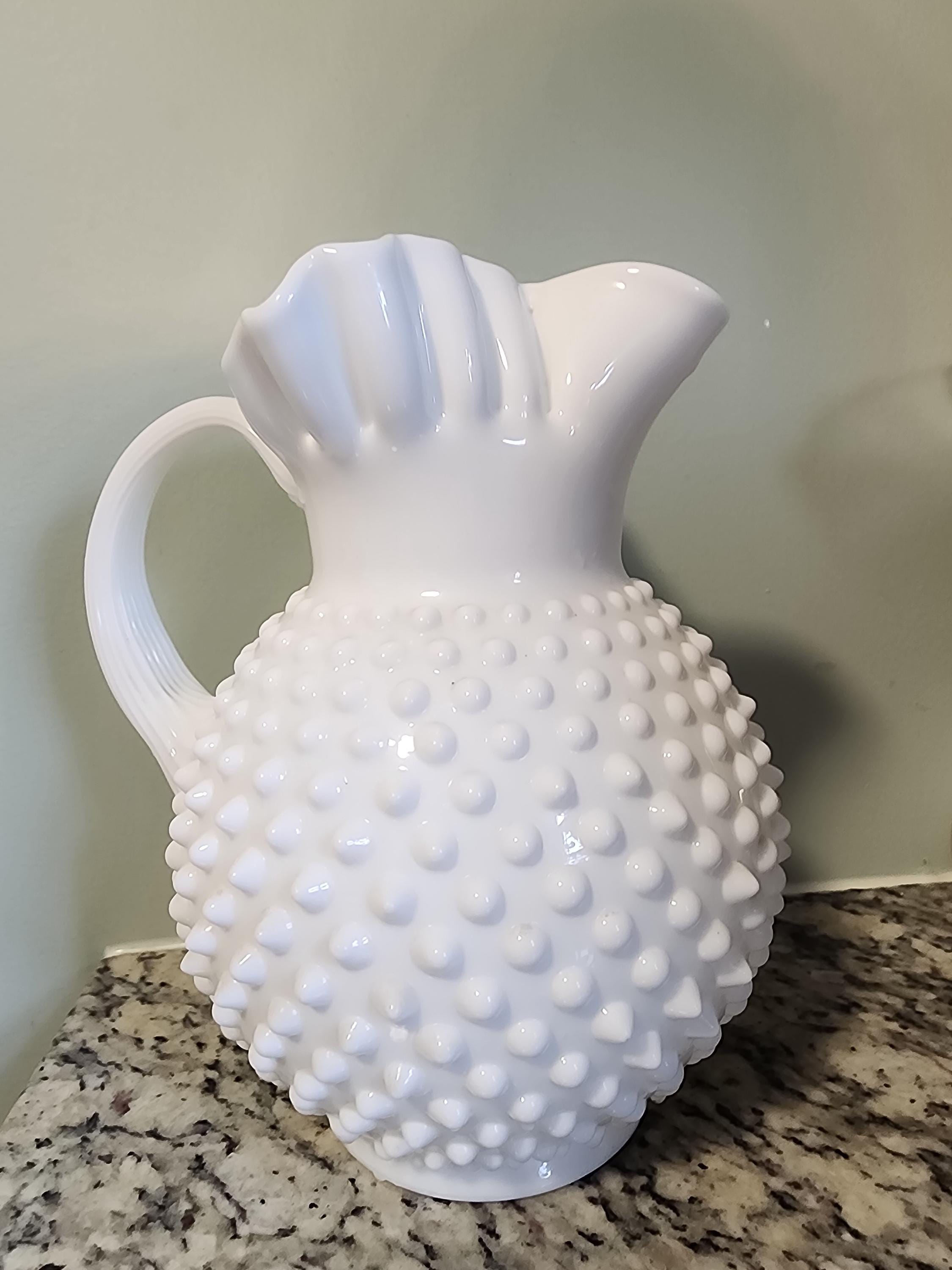 Vintage Milk Glass Pitcher With Hobnail Pattern and Ruffled Rim, Fenton ...