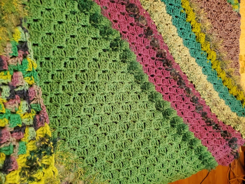 Blue, Purple, Teal, and Green Afghan, Fuzzy Crocheted Afghan, Handmade ...