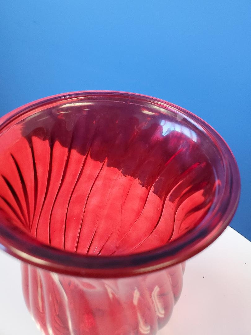 Vintage Red Vase With a Curve Pattern, Vase for Flowers, Ruby Red ...