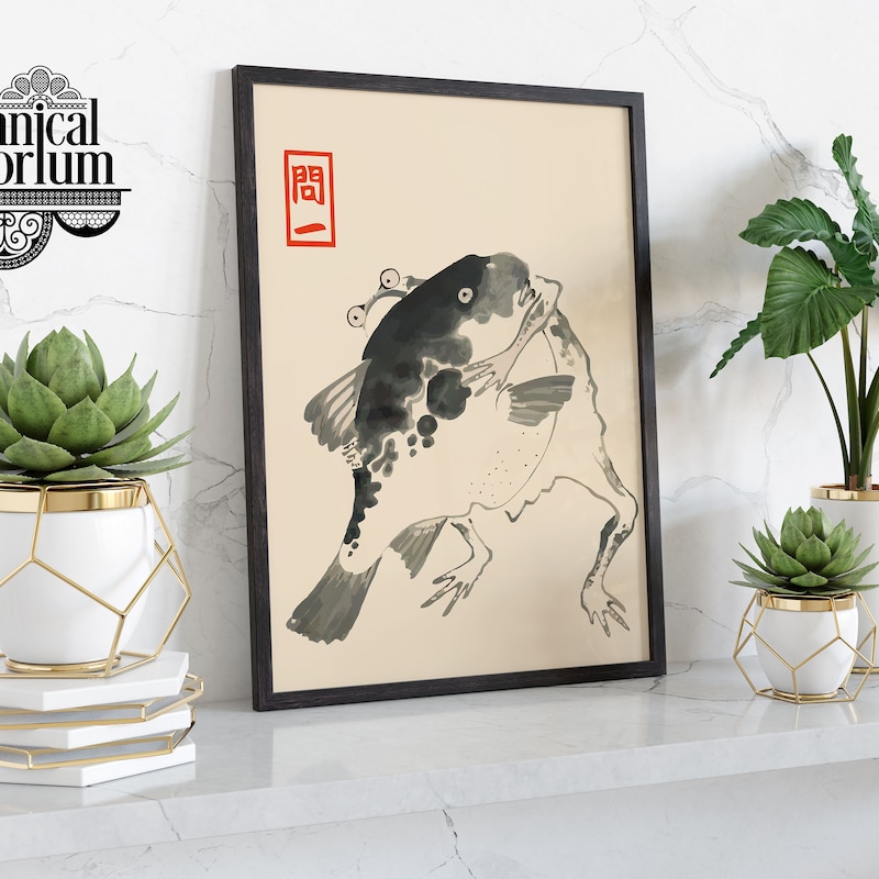 Japanese Frog With Fish - Etsy UK