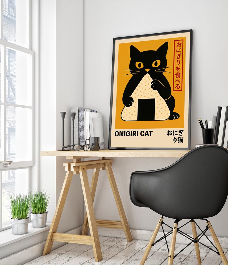 Onigiri Cat Anime Print and Poster, Japanese Wall Art Decor, Food Theme ...