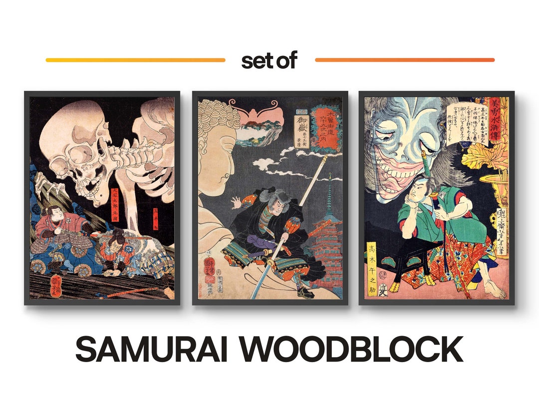 Samurai Woodblock Ukiyo-e - Set of 3 Prints, Vintage Japanese Woodblock ...