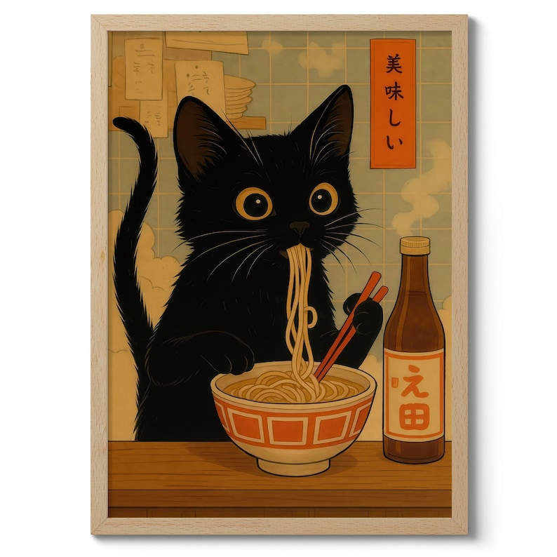 Noodle Cat Thief Anime Print, Japanese Poster, Wall Art Decor, Cat and ...