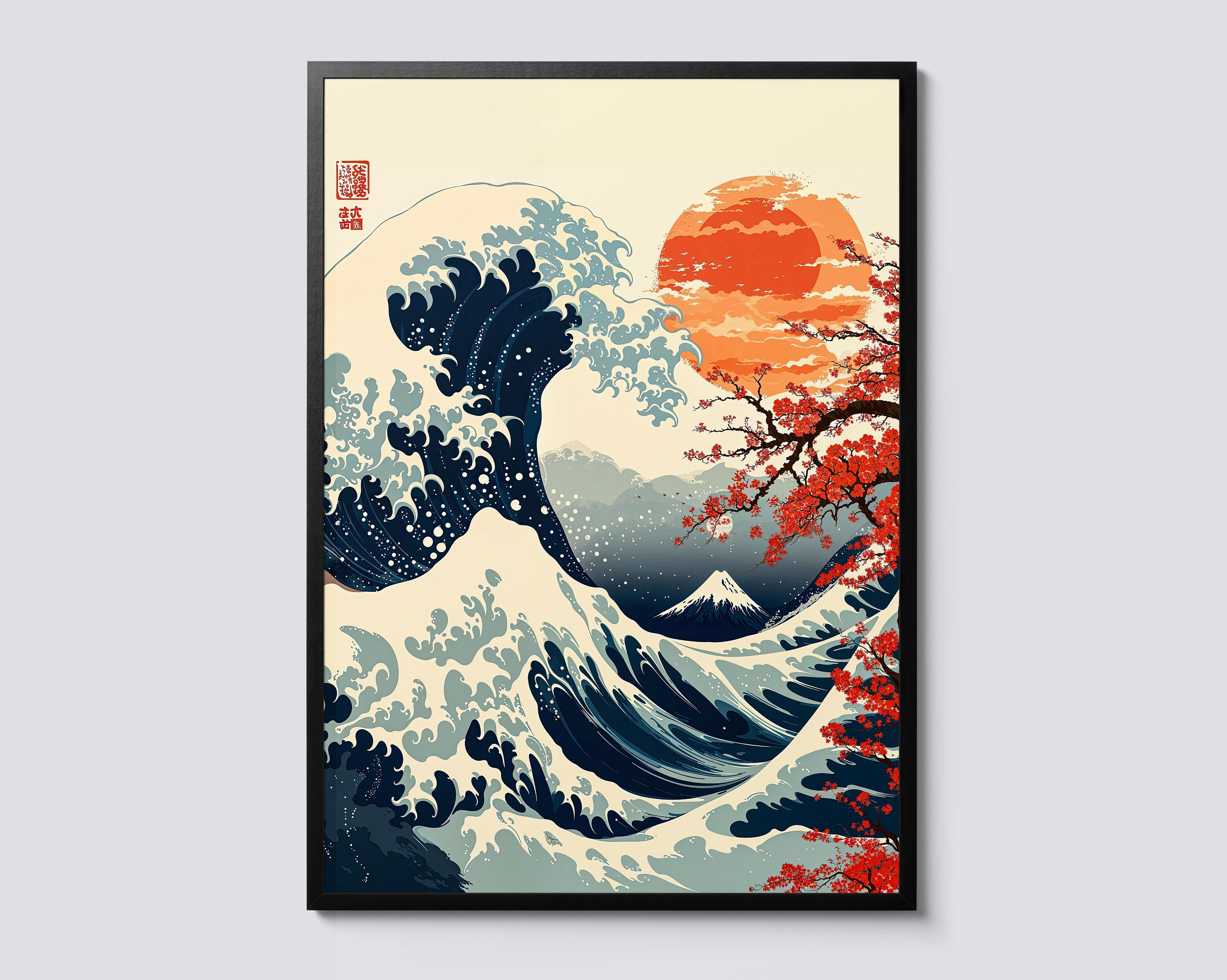 Great Wave Poster, Wave and Mount Fuji Print, Japanese Cartoon Style ...
