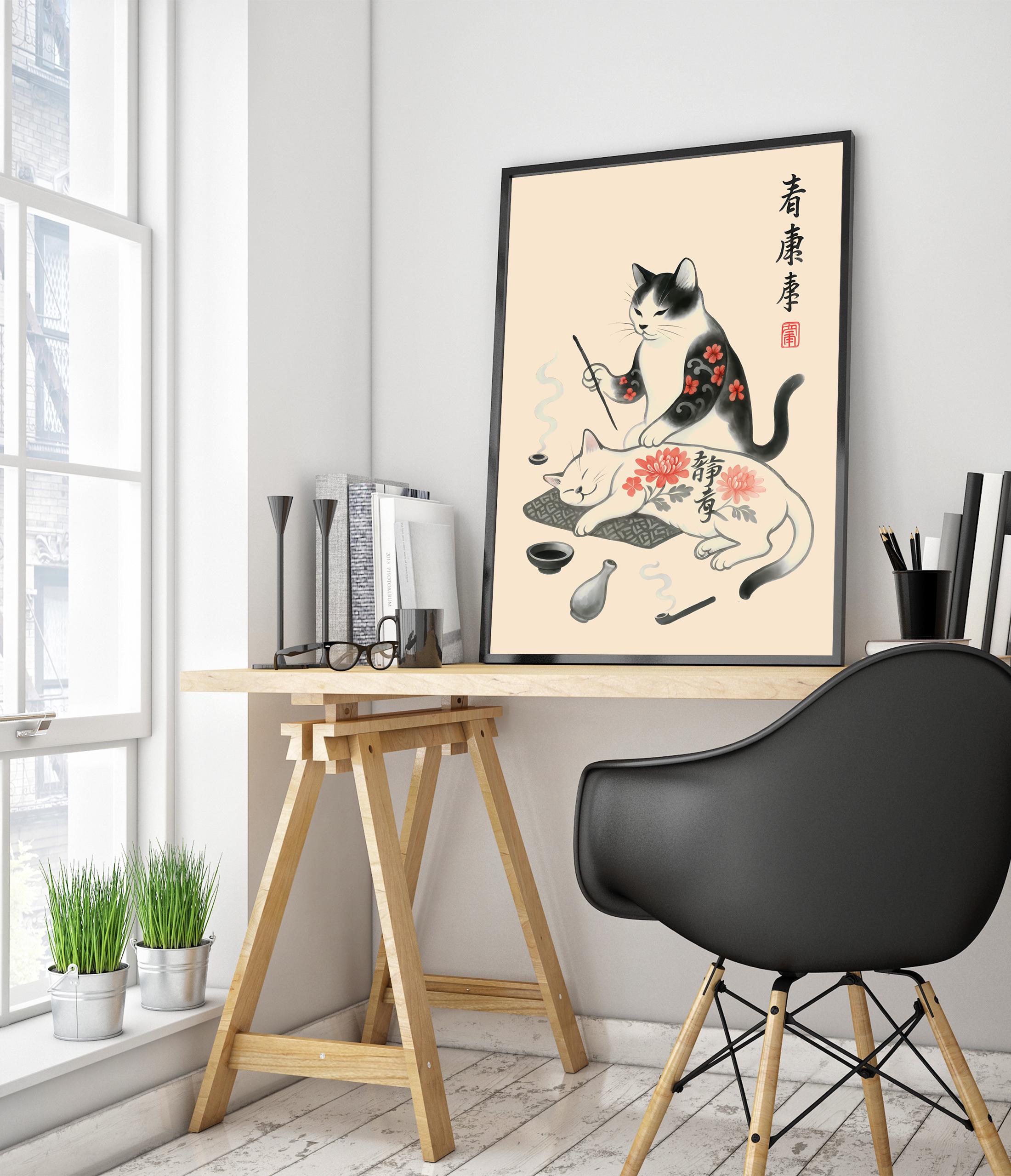 Stick N Poke Japanese Cats Print, Woodblock Art Poster, Cat Wall Art ...
