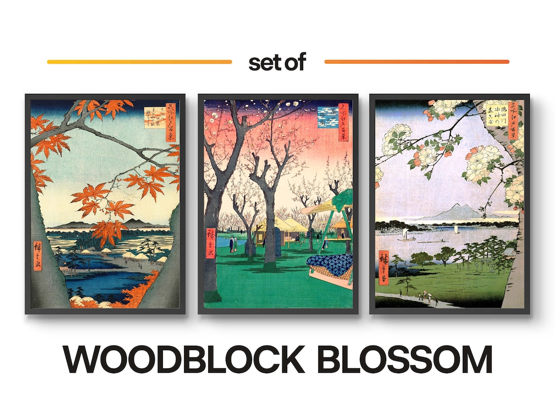Blossoming Trees Woodblock - Set of 3 Prints, Vintage Japanese ...