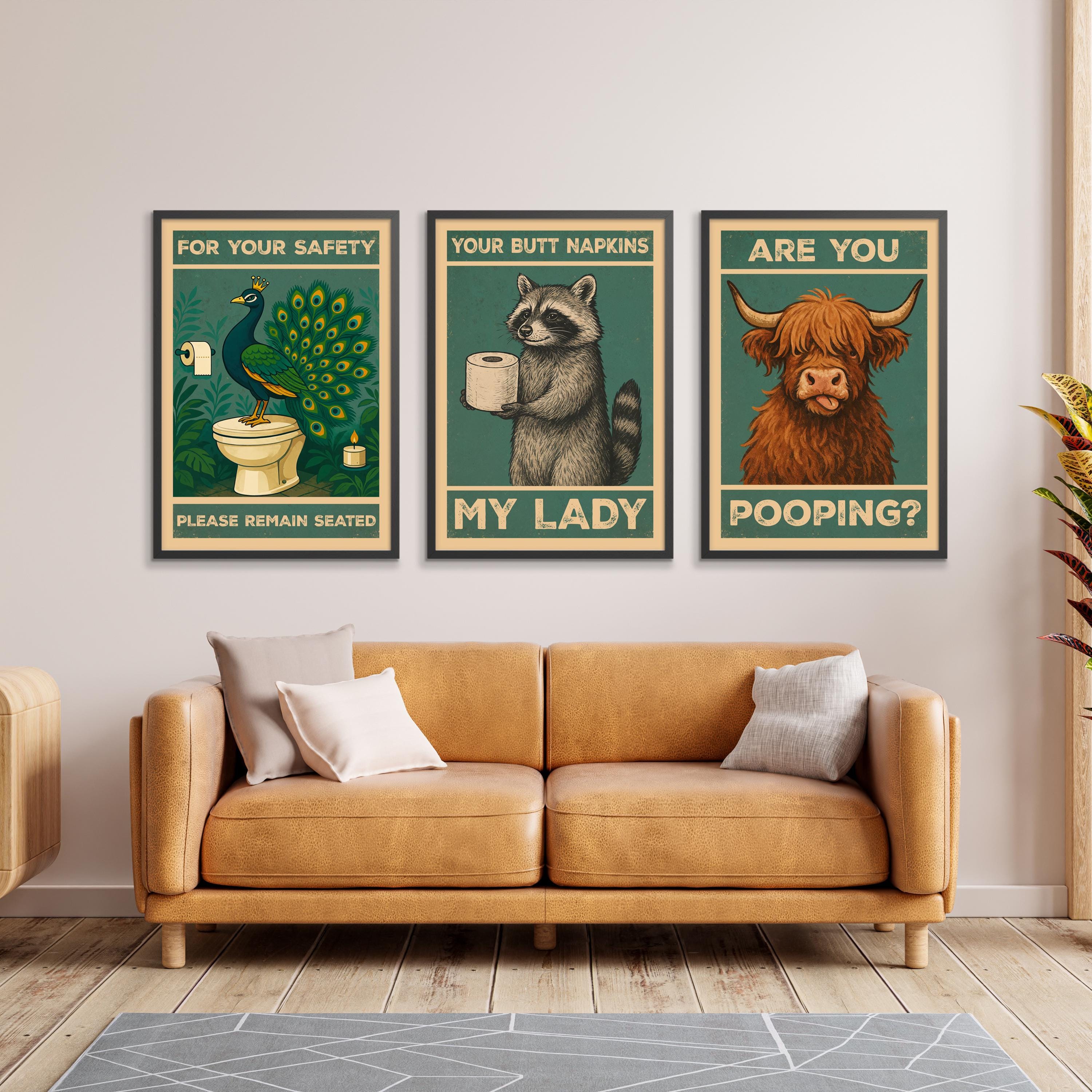 Funny Animals Trio, Typographic Print, Bathroom Jokes Poster, Wall Art ...
