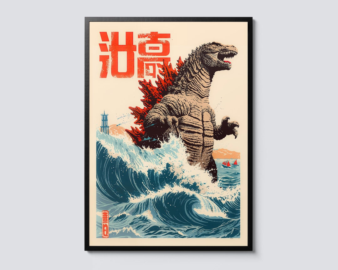 Great Wave of Zilla Poster, Cartoon Japanese Art Print, Anime Style ...
