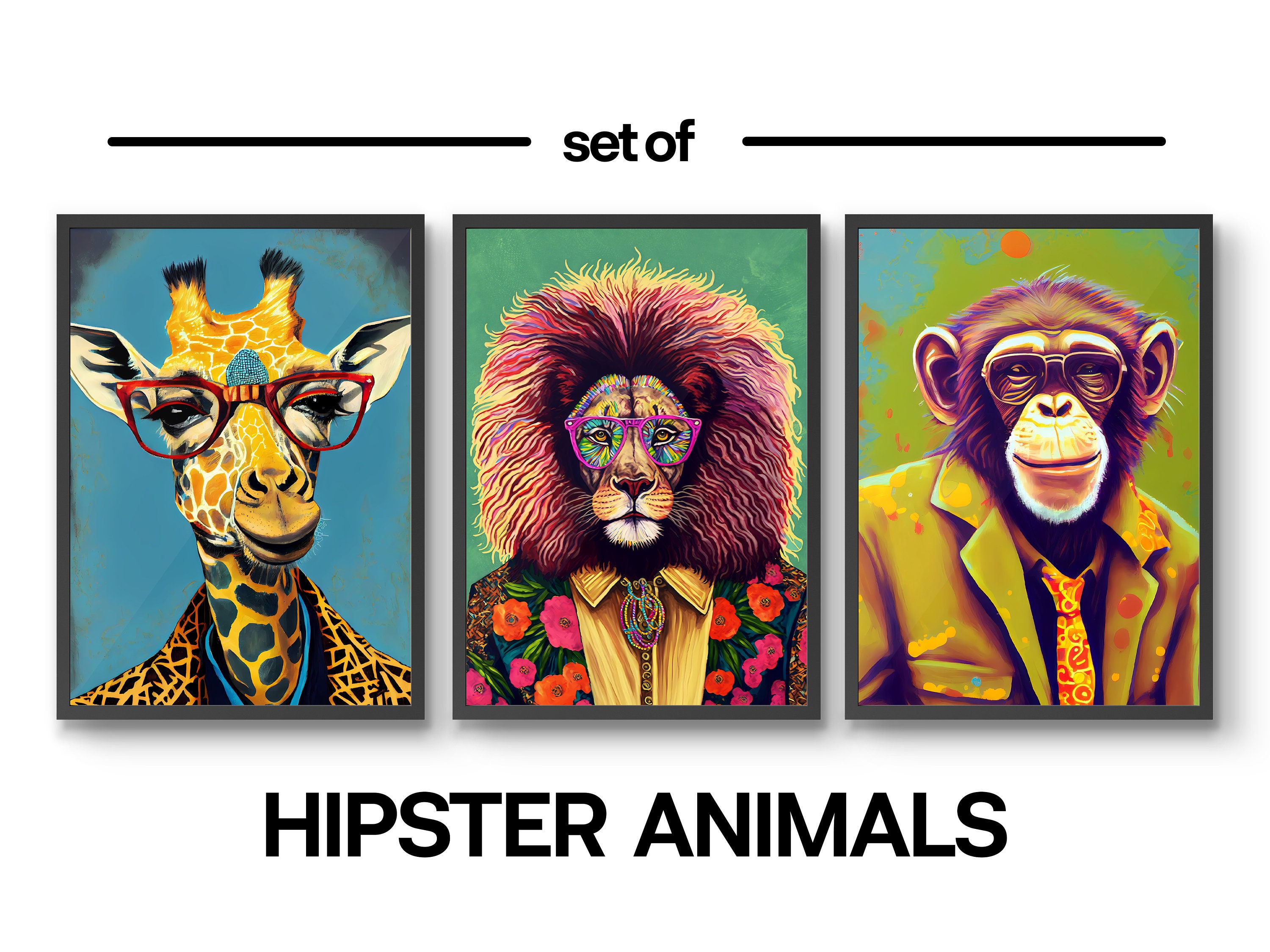 Set of 3 Hipster Animals Posters Dressed up Animal Prints - Etsy UK